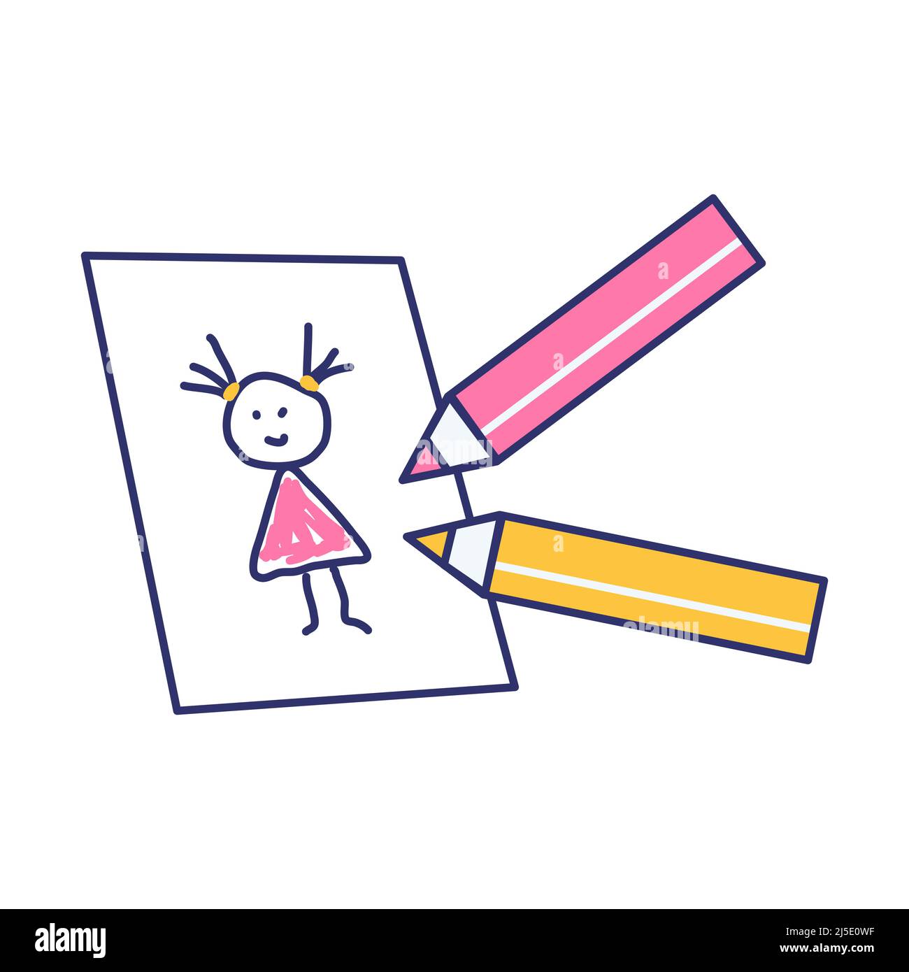 Vector illustration of cartoon picture and two pencils on white ...