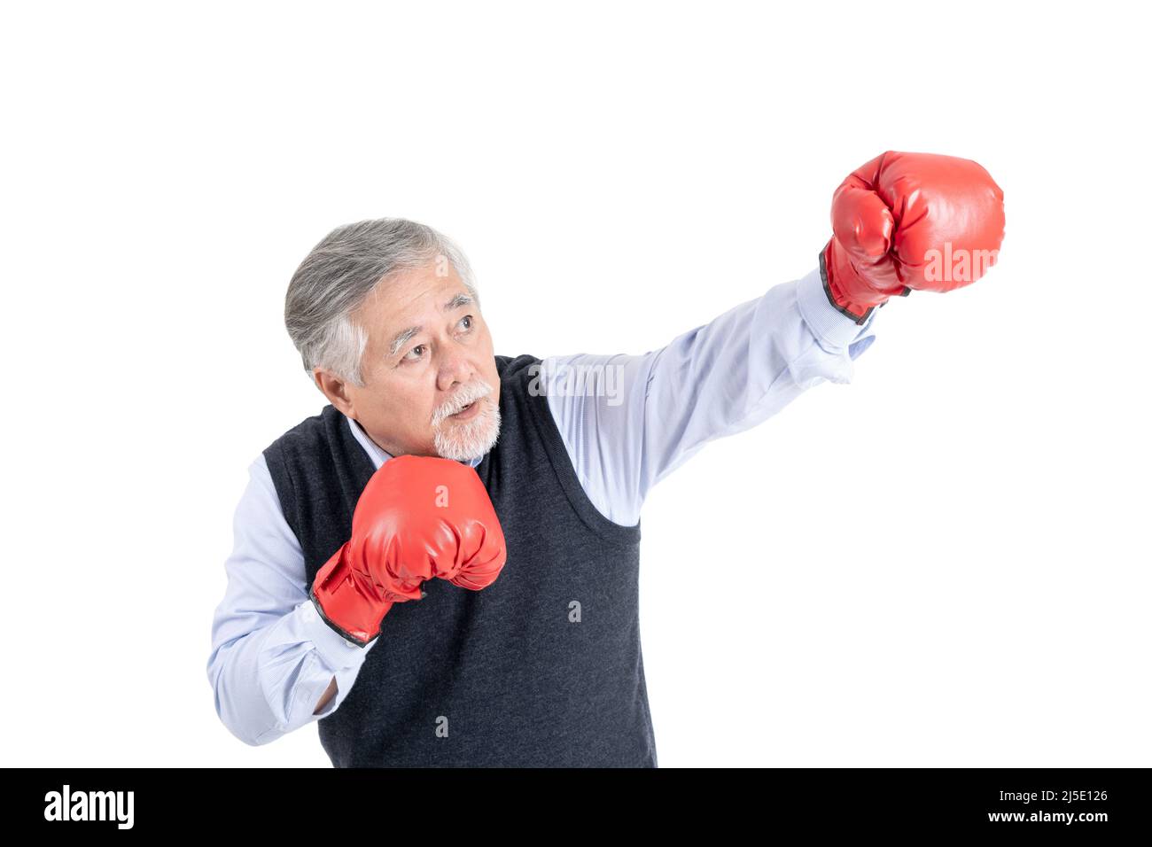 fighter asian senior old man sport boxing red gloves copy space for ...