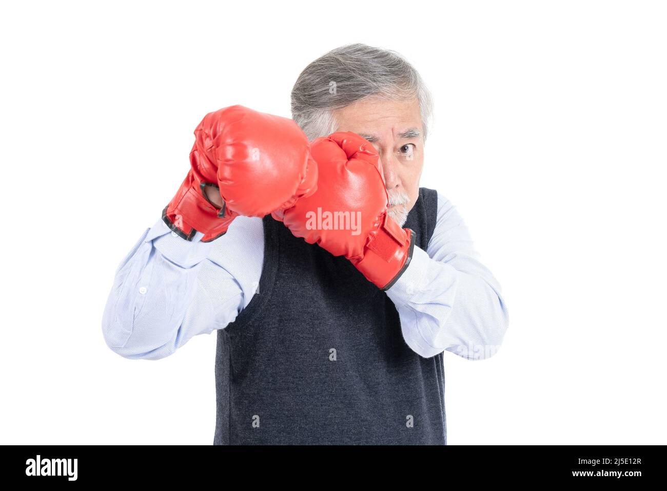 fighter asian senior old man sport boxing red gloves copy space for ...