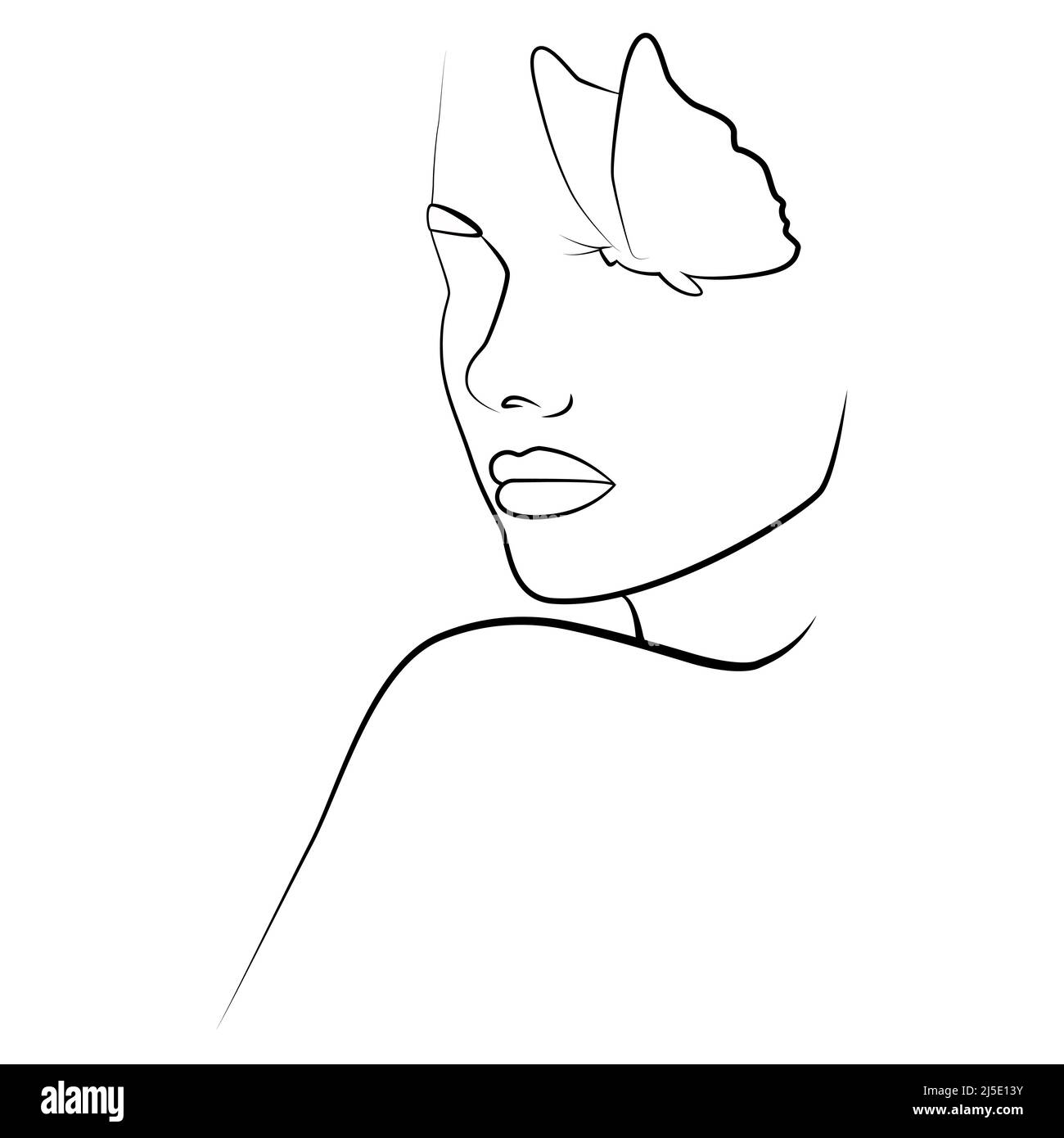 Portrait in one line. A woman's face with a butterfly is abstractly one ...