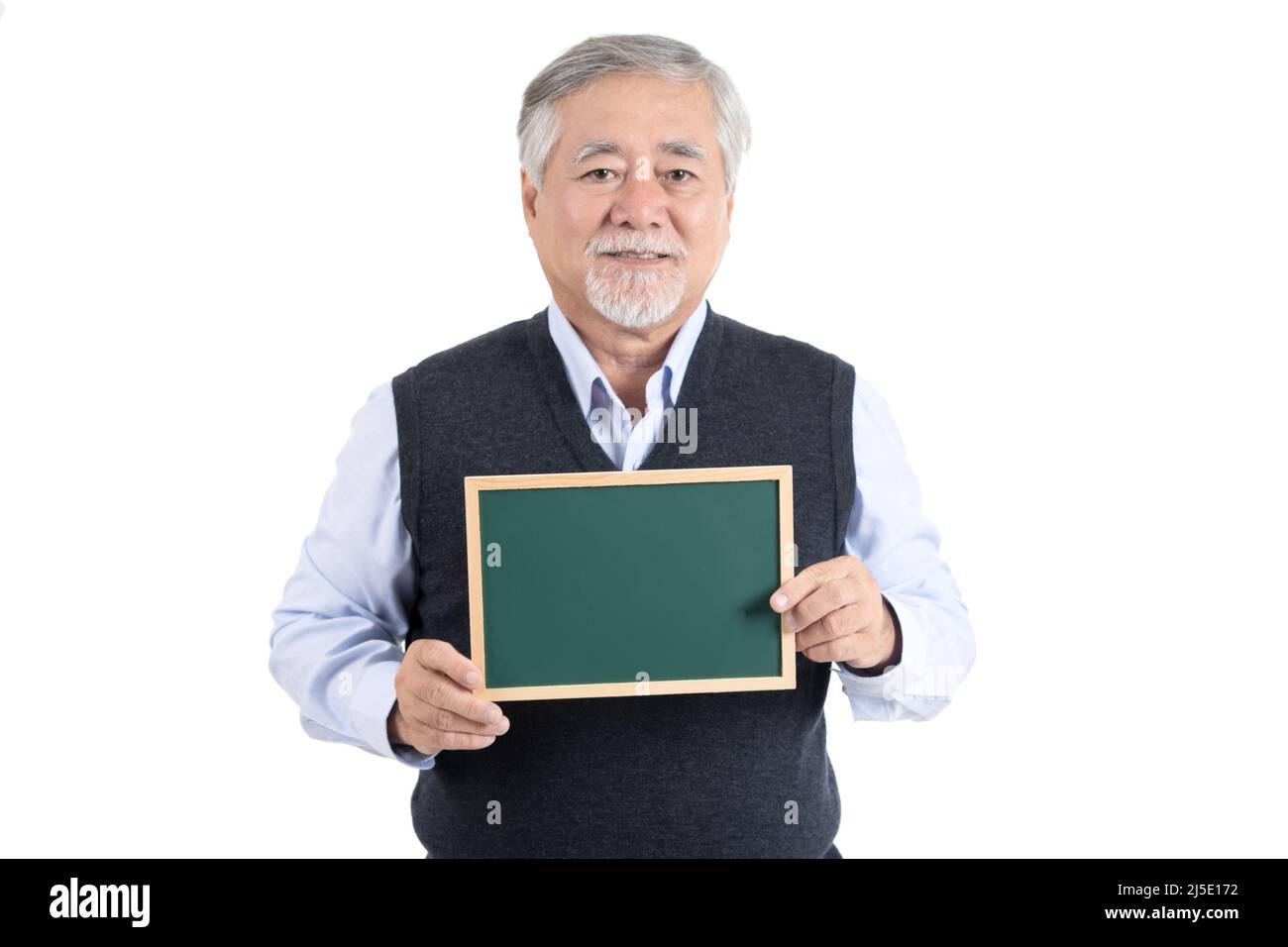 Portrait of happiness asian senior old man showing board and pointing ...