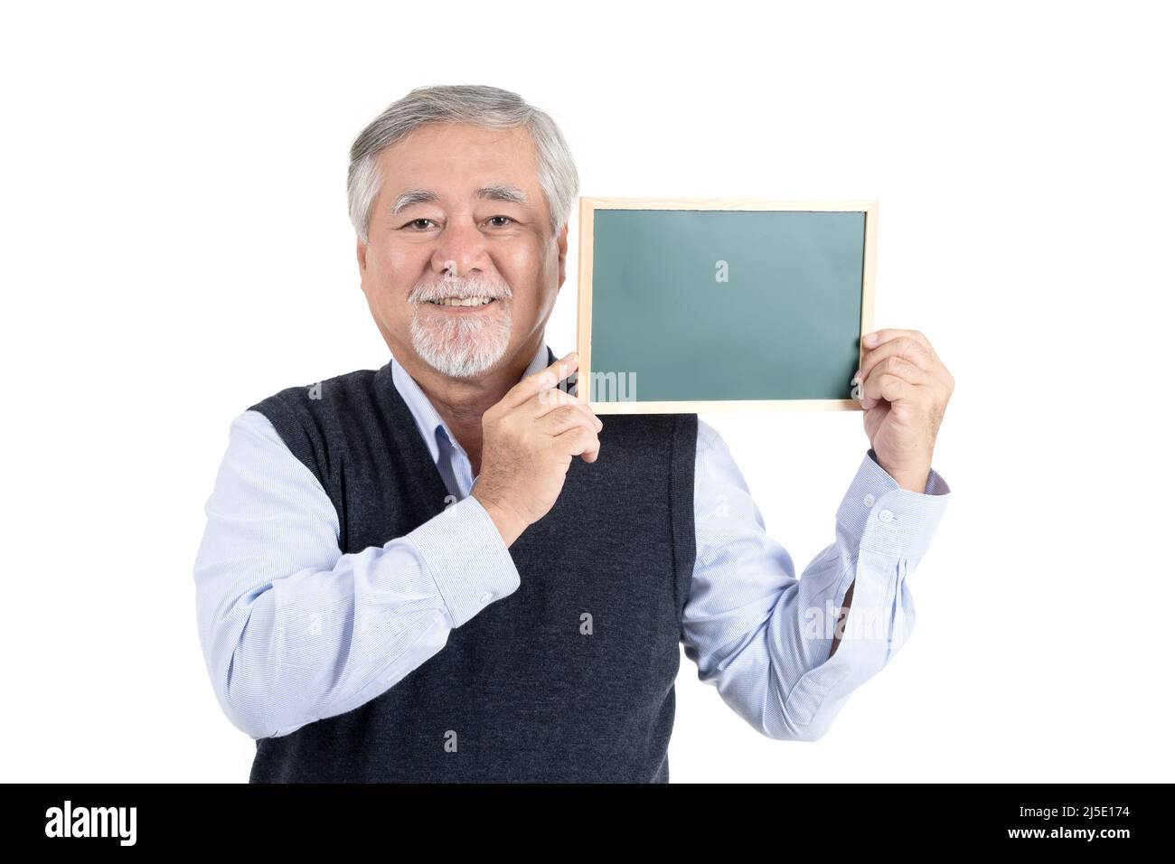 Portrait of happiness asian senior old man showing board and pointing ...