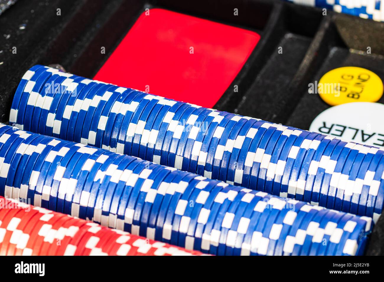 Stacks of poker chips detail with cards Stock Photo - Alamy