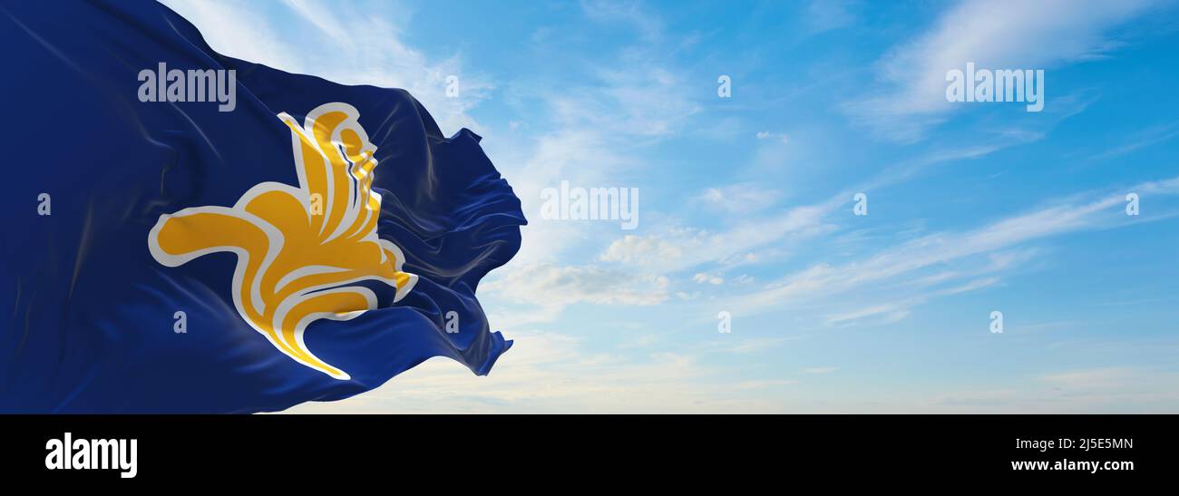 official flag of Belgium brussels, Belgium at cloudy sky background on sunset, panoramic view ...