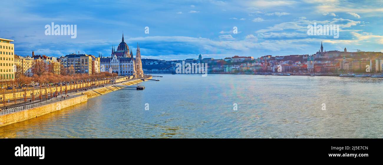 Panoramic view of Budapest with Danube River, Parliament on embankment ...