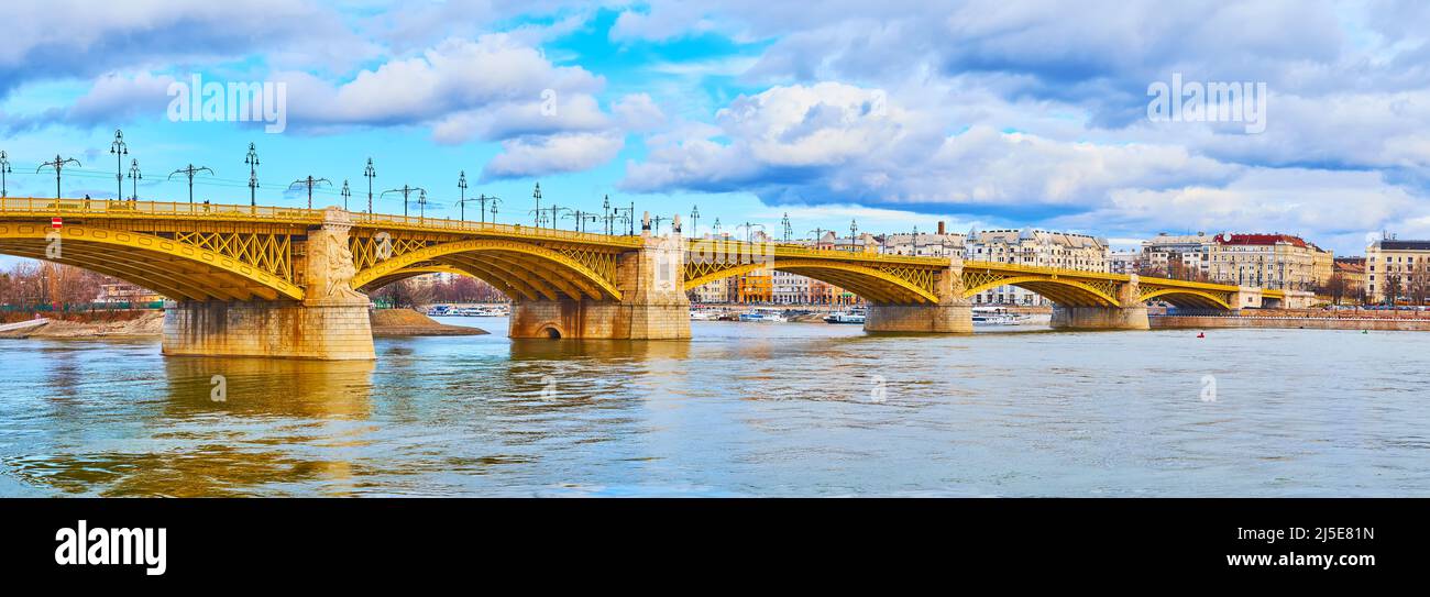 Panorama of beautiful Margaret Bridge (Margit Hid) across Danube River ...