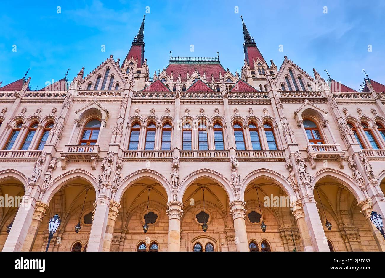 The outstanding building of Hungarian Parliament with stone decorations ...