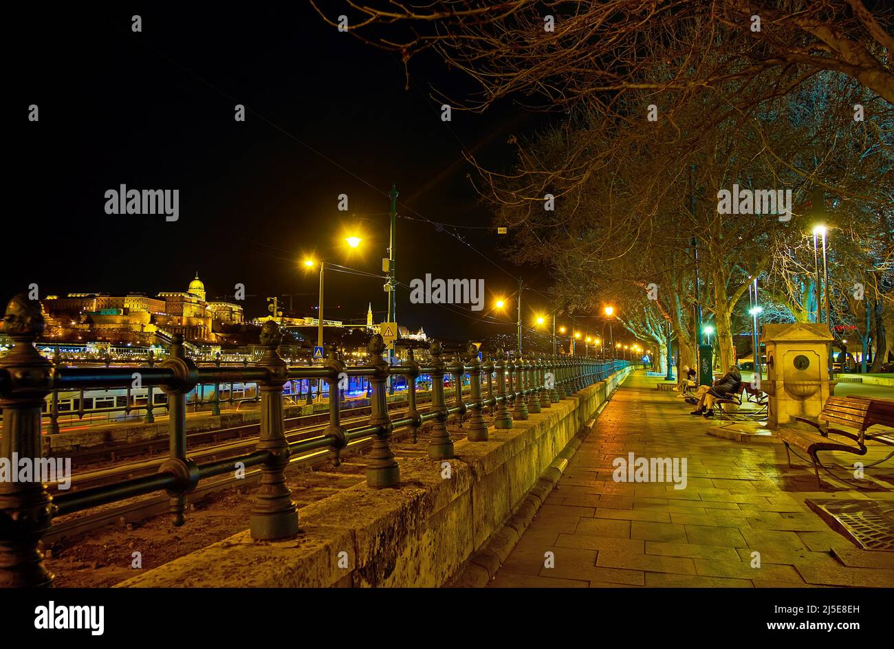 Illuminated Jane Haining embankment of Danube with tram railroad behind ...