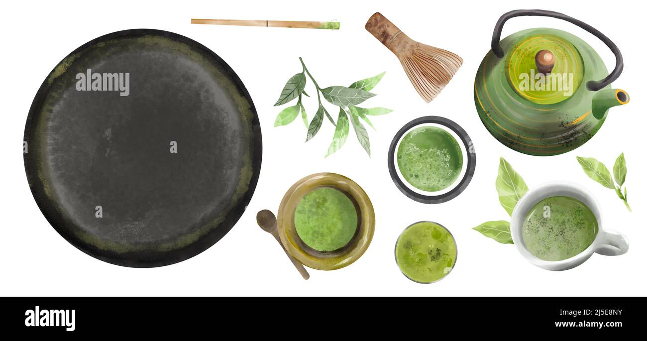 Matcha tea set traditional japanese drink. Hand Drown elements for your ...