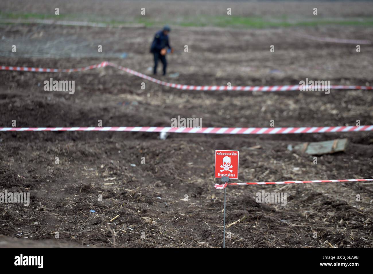 KYIV REGION, UKRAINE - APRIL 21, 2022 - The 'Danger Mines' warning sign ...