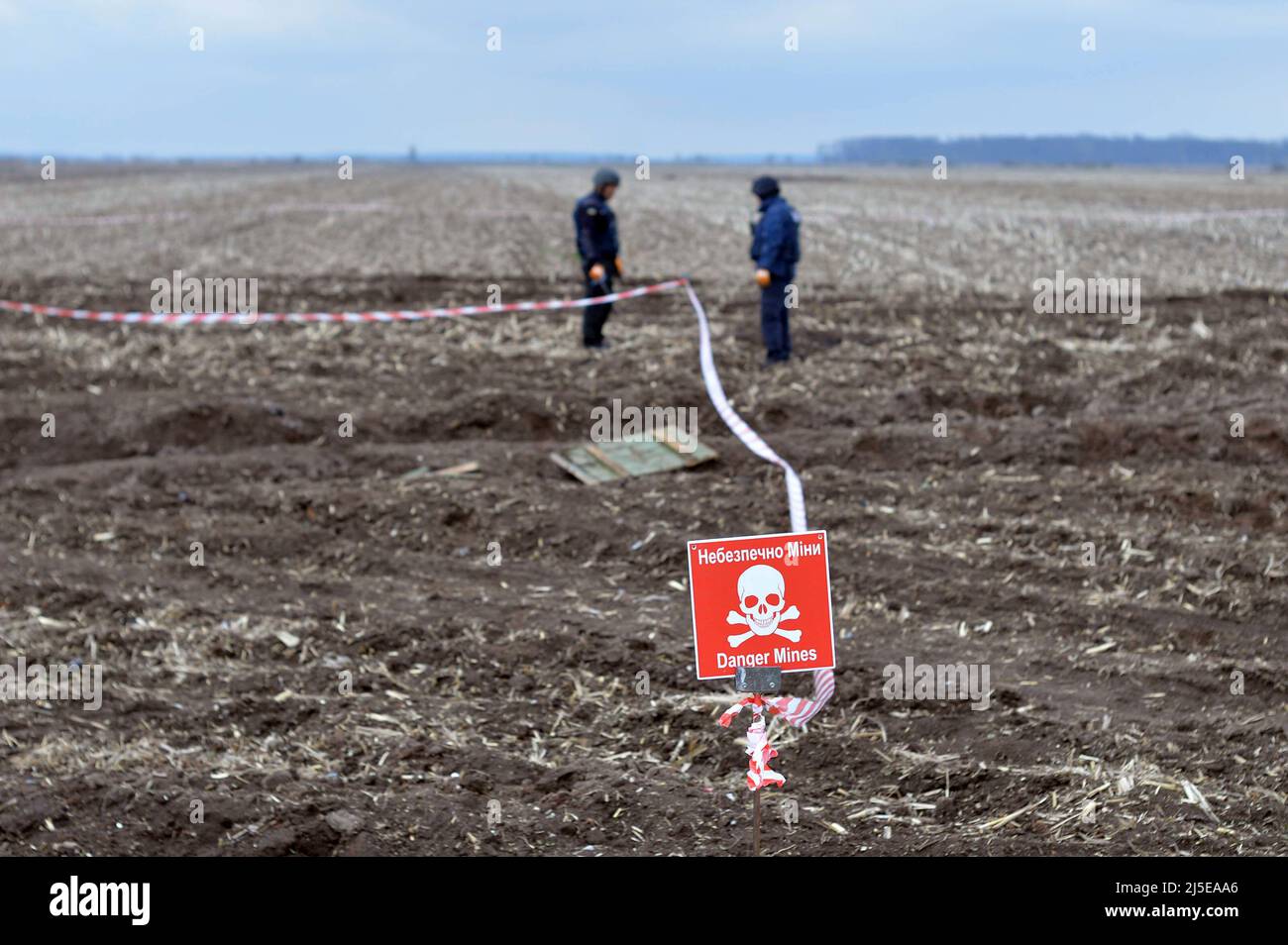 KYIV REGION, UKRAINE - APRIL 21, 2022 - The 'Danger Mines' warning sign ...