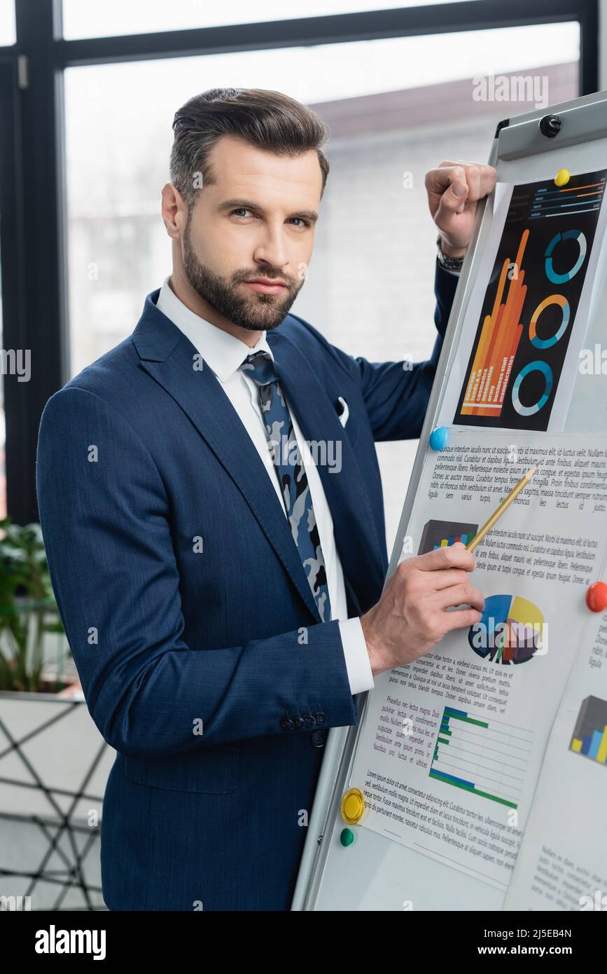 economist in blue blazer pointing at infographics on flip chart and ...
