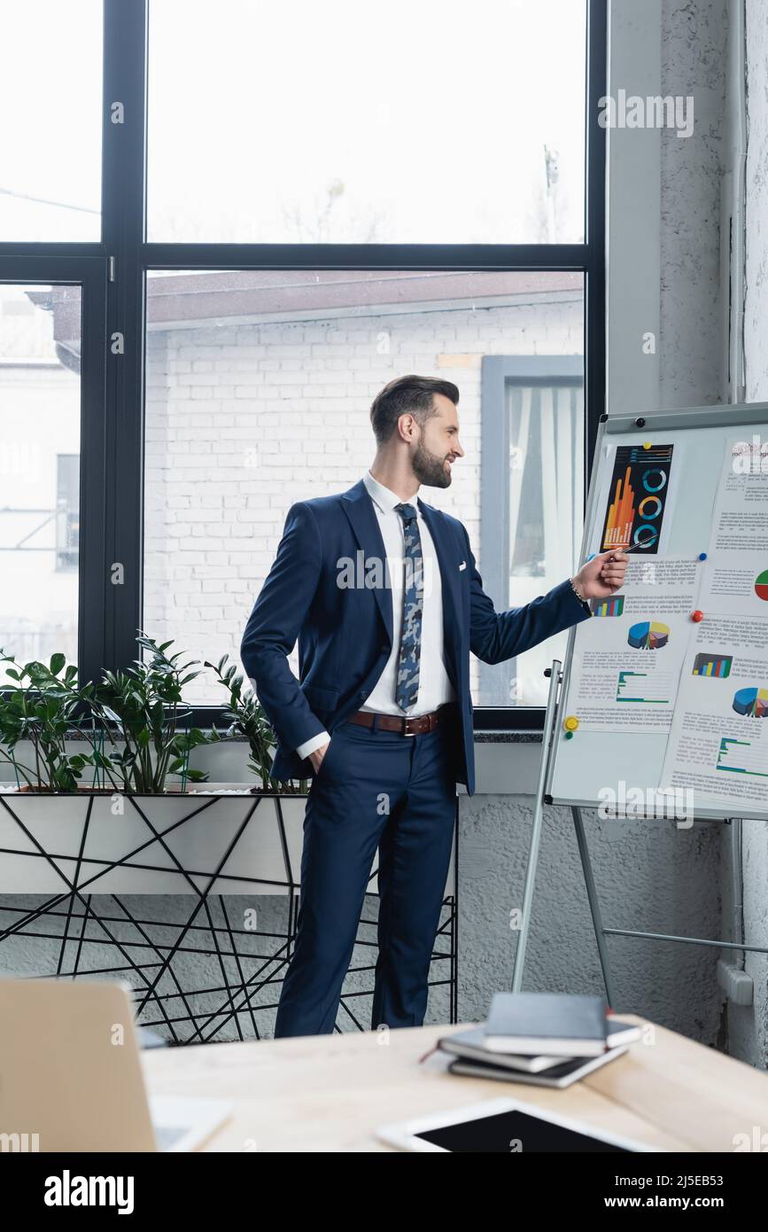 smiling businessman pointing at graphs on flip chart while standing ...