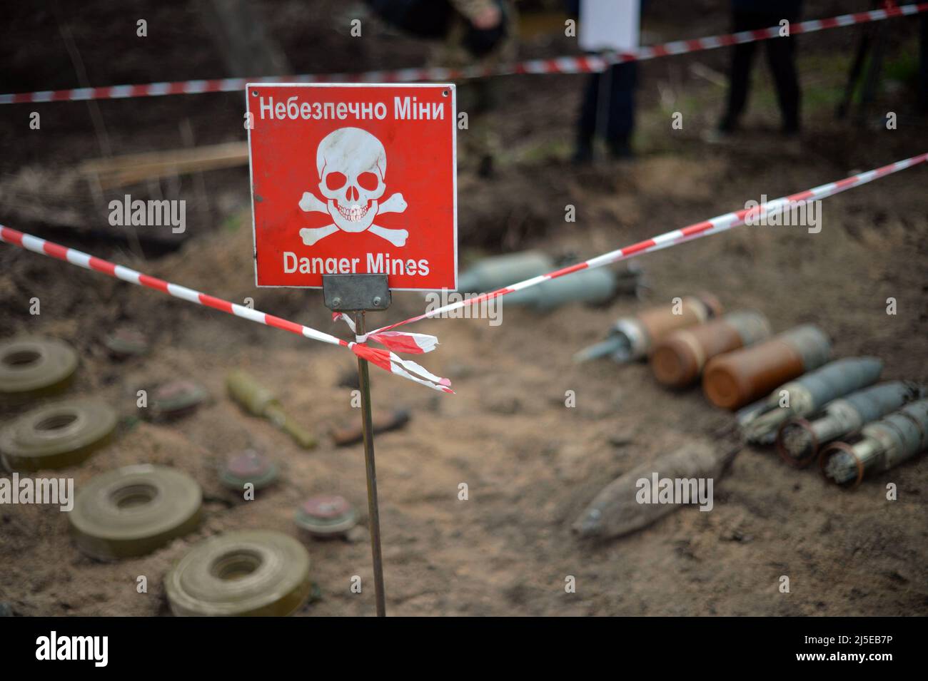 KYIV REGION, UKRAINE - APRIL 21, 2022 - The 'Danger Mines' warning sign ...