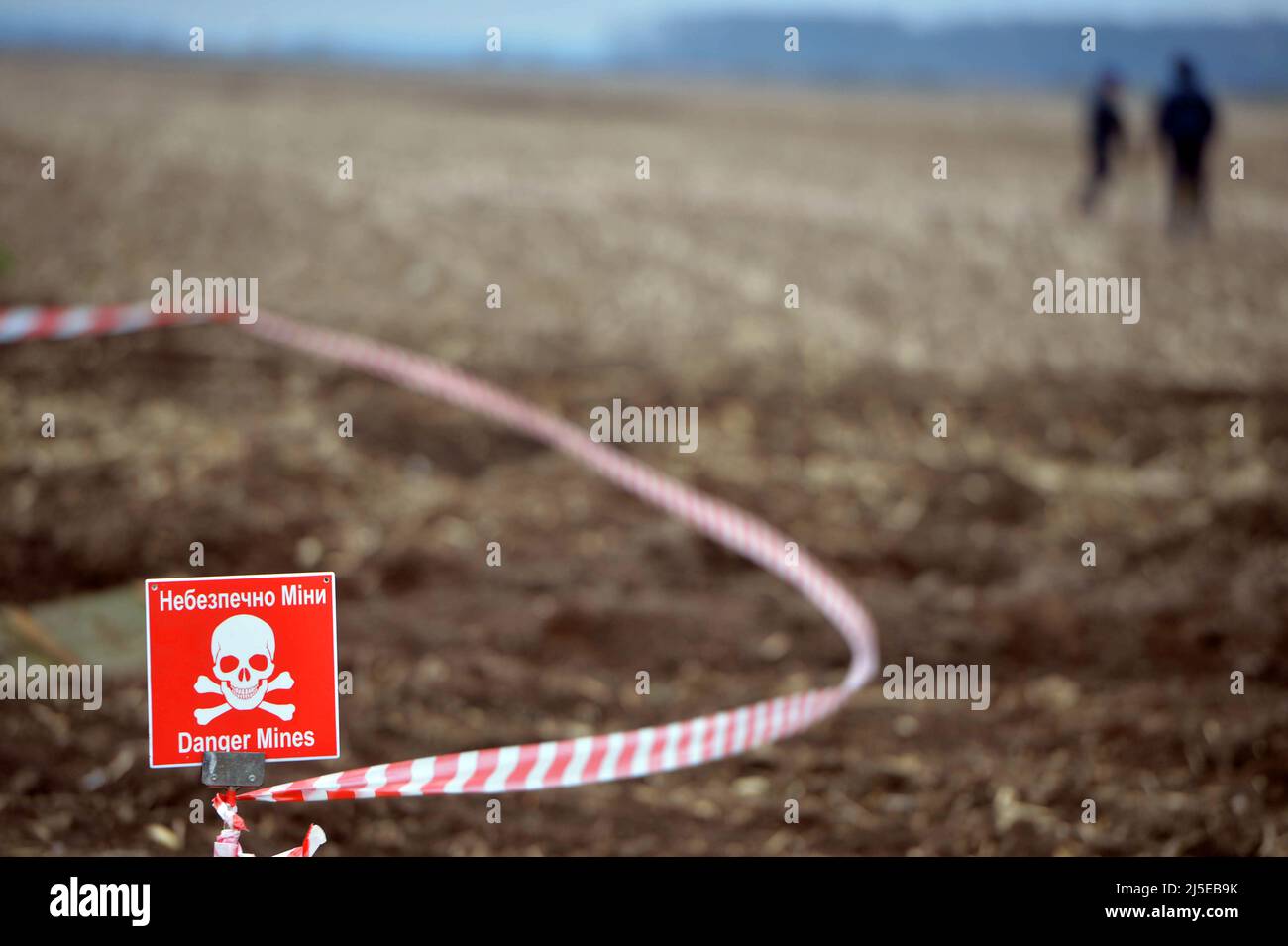 KYIV REGION, UKRAINE - APRIL 21, 2022 - The 'Danger Mines' warning sign ...