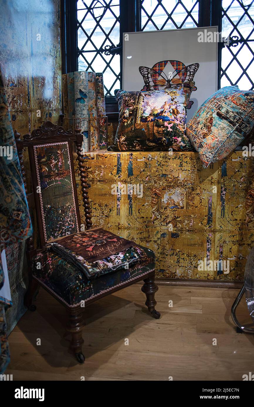 LONDON, UK - December 22, 2020: Fabric department interior with window and patchwork work ...