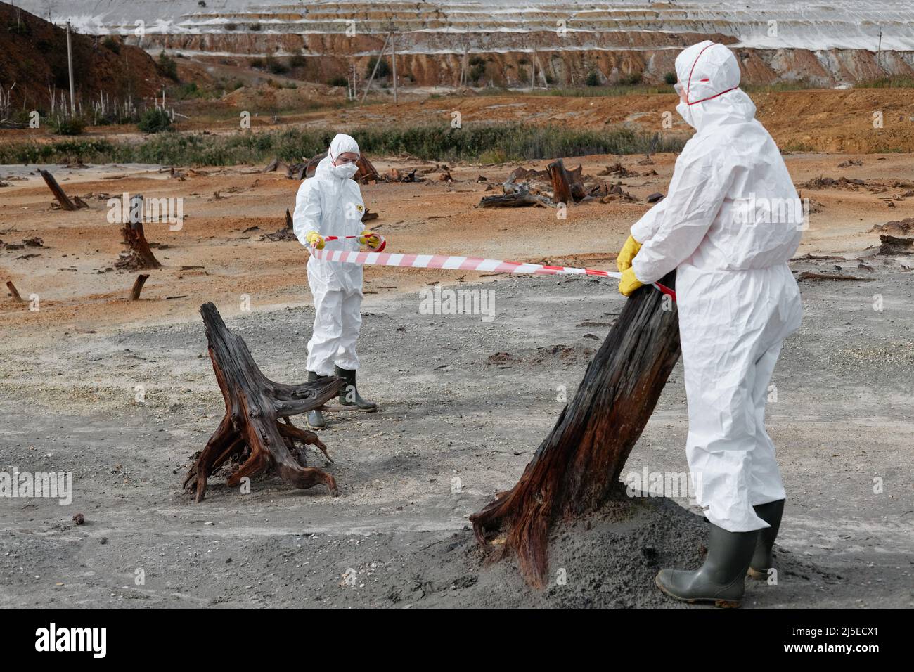 Ecologists in protective suits and masks using barricade tape while ...