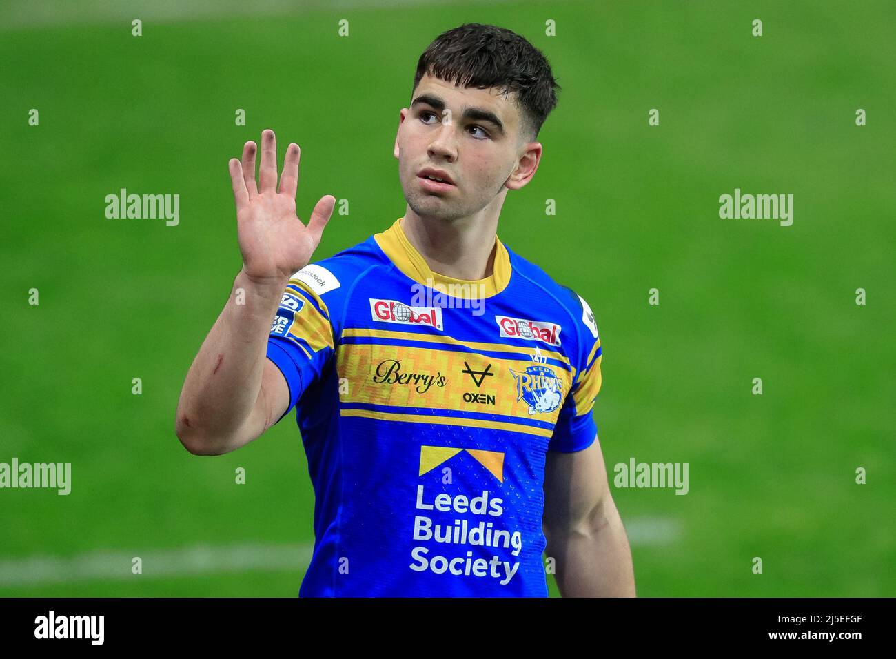 Leeds, UK. 22nd Apr, 2022. Jack Sinfield (32) of Leeds Rhinos waves to ...