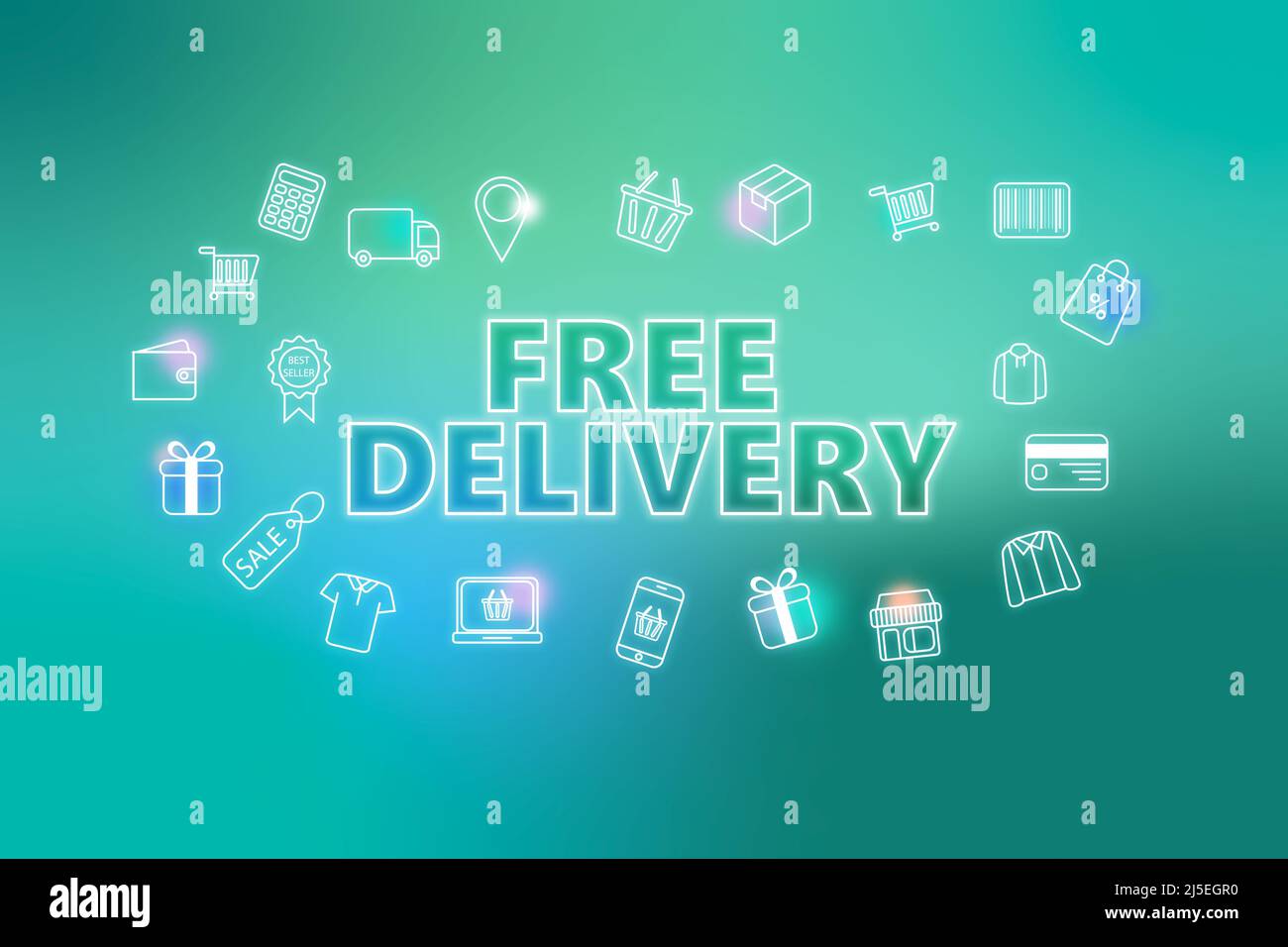 Free Delivery - e-commerce web banner on turquoise background. Various ...