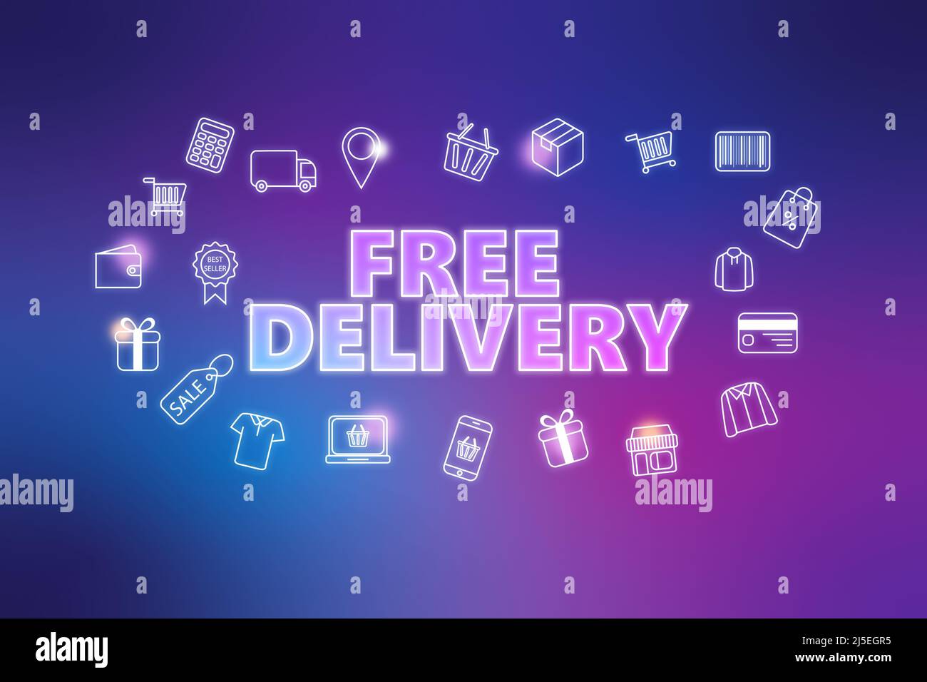 Free Delivery - e-commerce web banner on violet background. Various ...