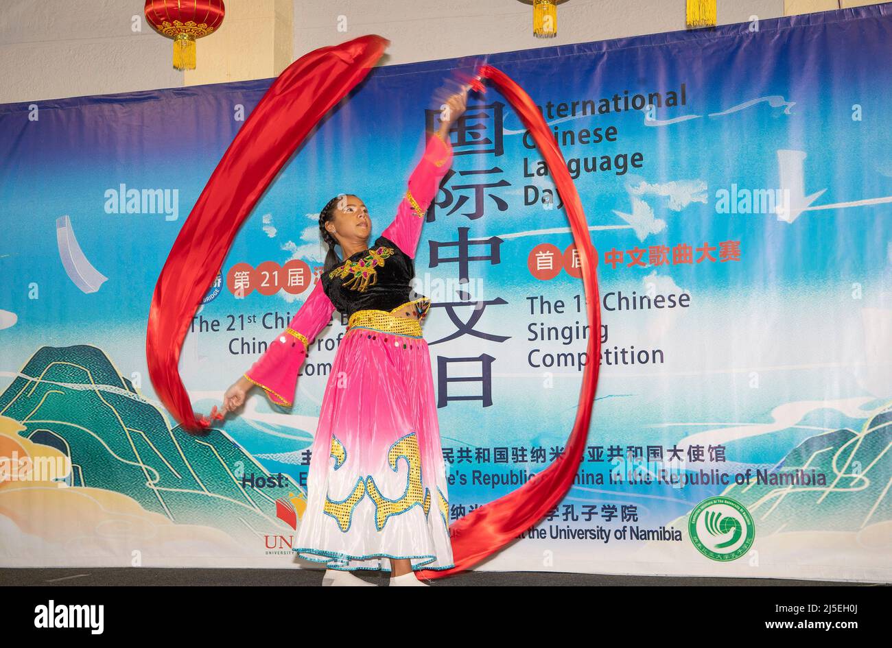 Windhoek, Namibia. 22nd Apr, 2022. A student performs traditional ...