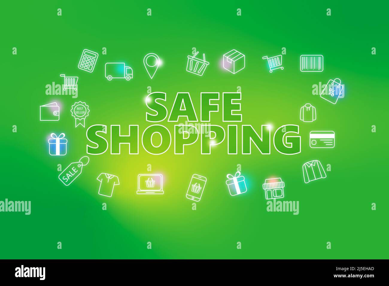Safe Shopping — e-commerce web orange on green background. Various ...