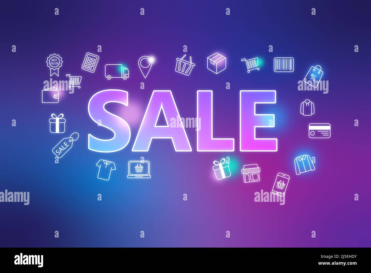 Sale — e-commerce web orange on violet background. Various shopping ...