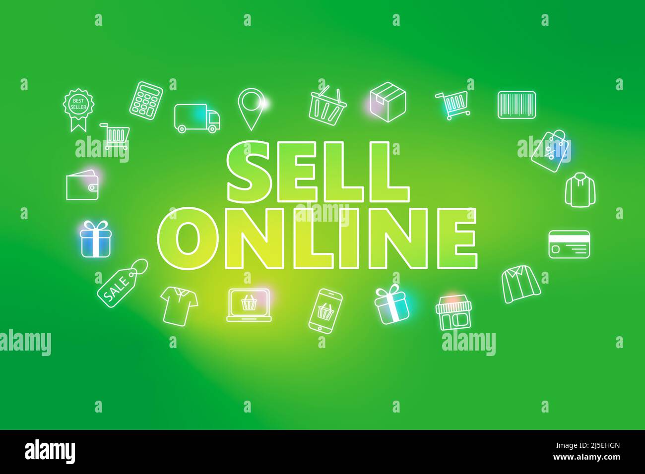Sell Online - e-commerce web banner on green background. Various ...