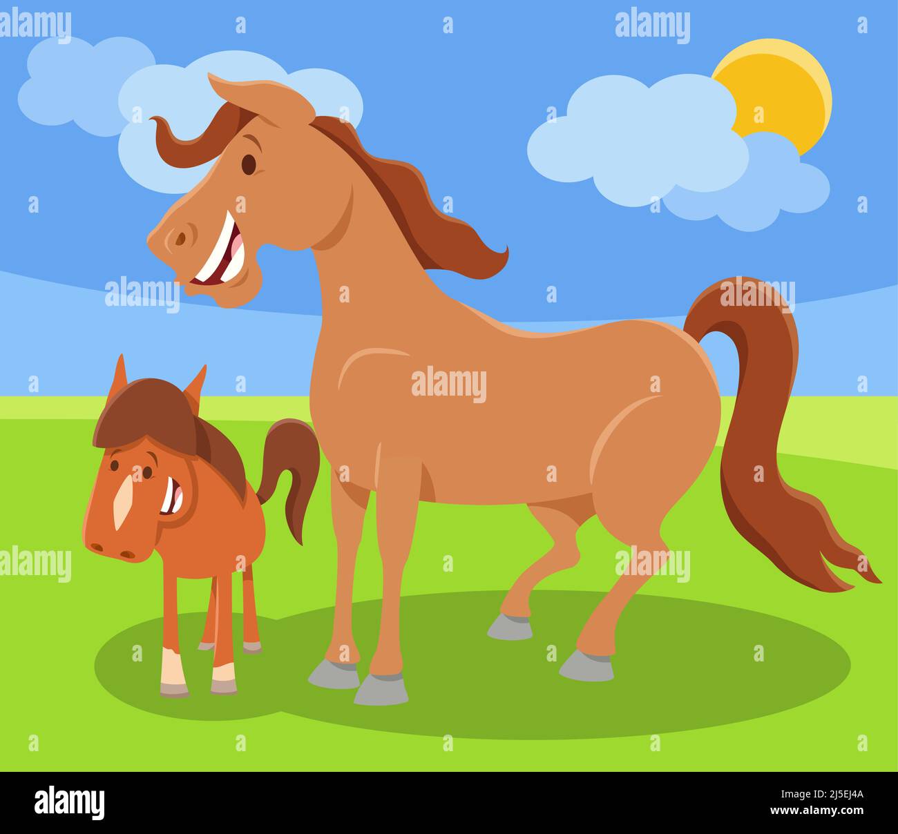 Cartoon illustration of funny horse farm animal character with colt ...