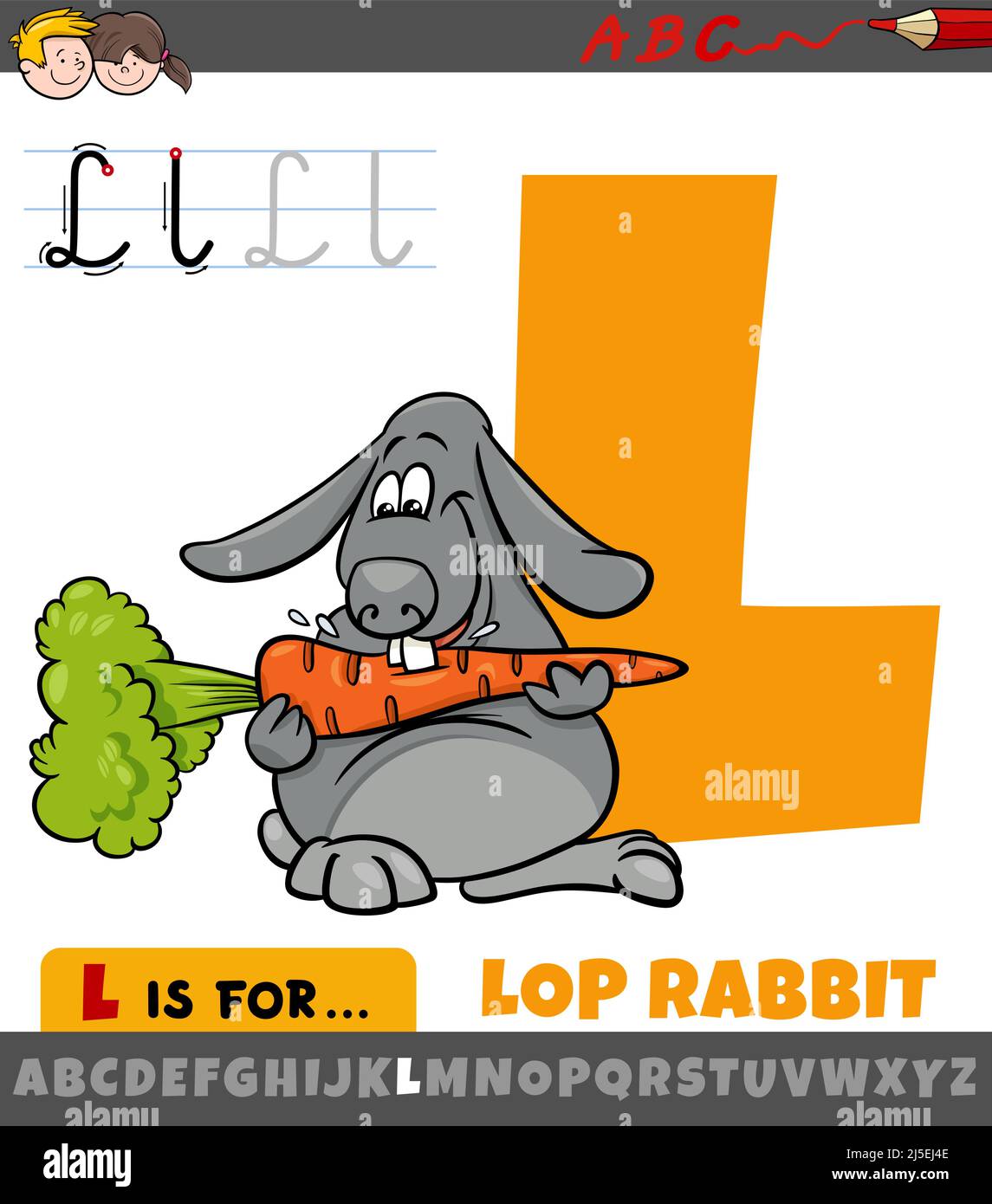 Educational cartoon illustration of letter L from alphabet with lop ...