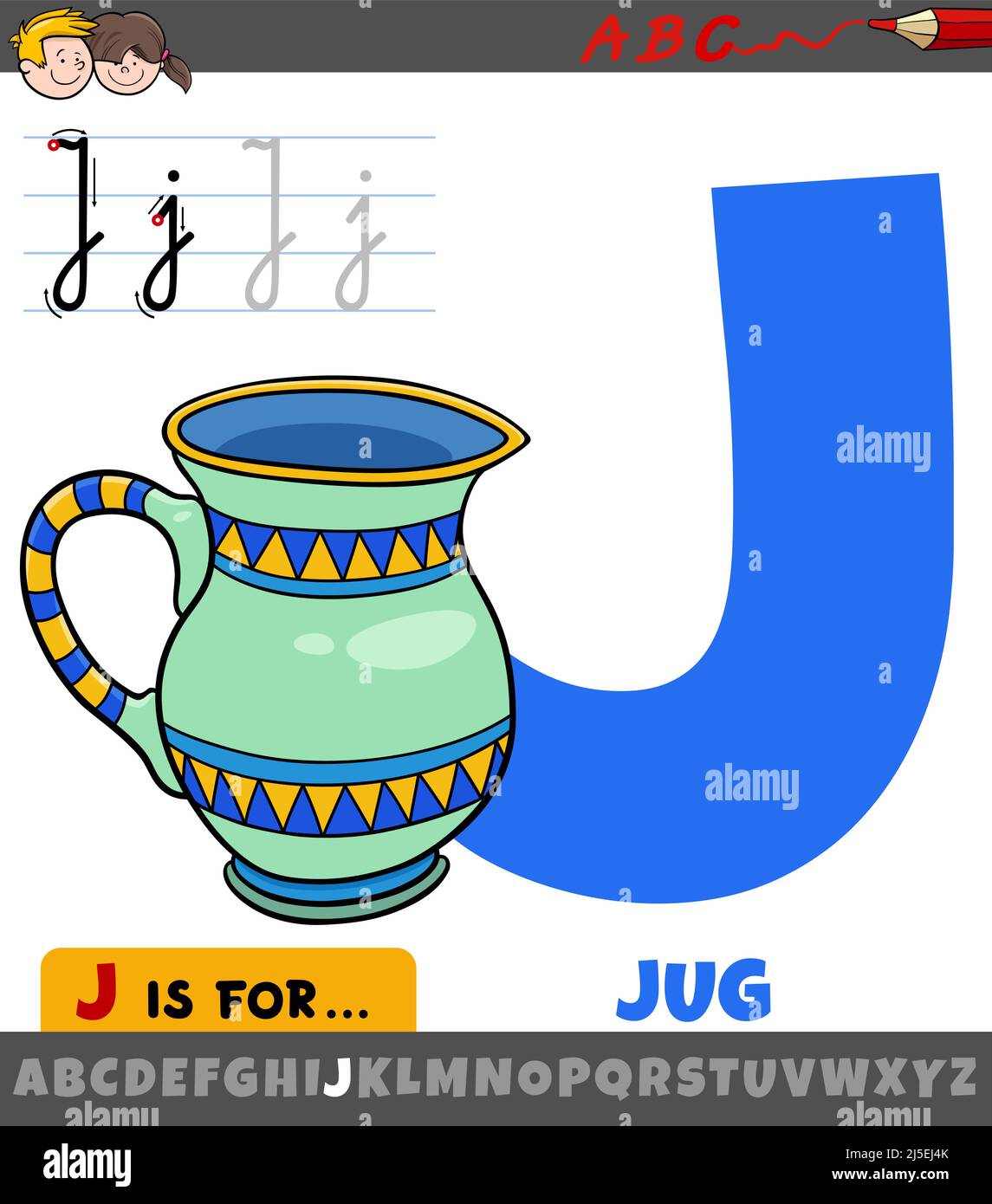 Educational cartoon illustration of letter J from alphabet with jug object Stock Vector Image ...