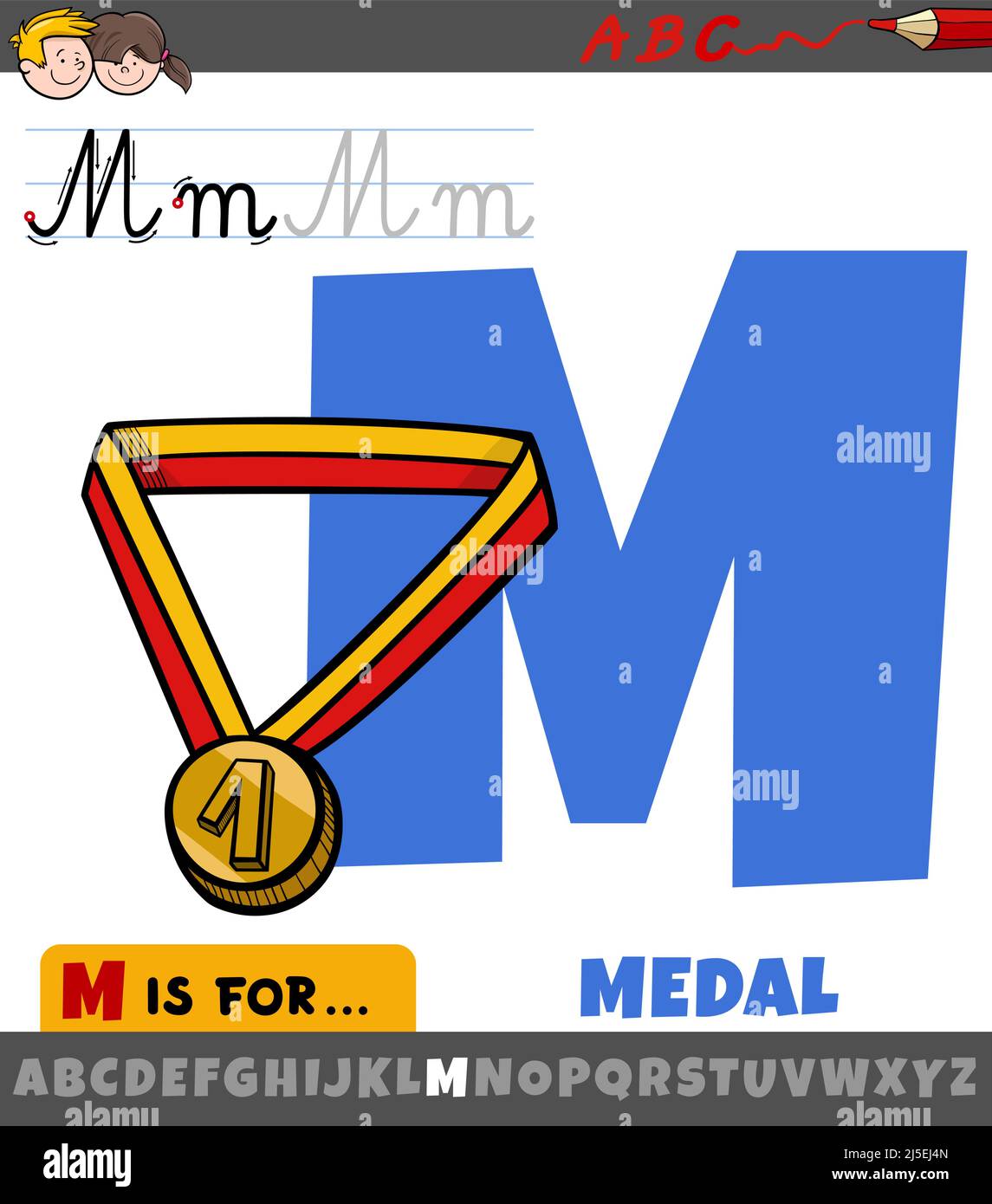 Educational cartoon illustration of letter M from alphabet with medal ...
