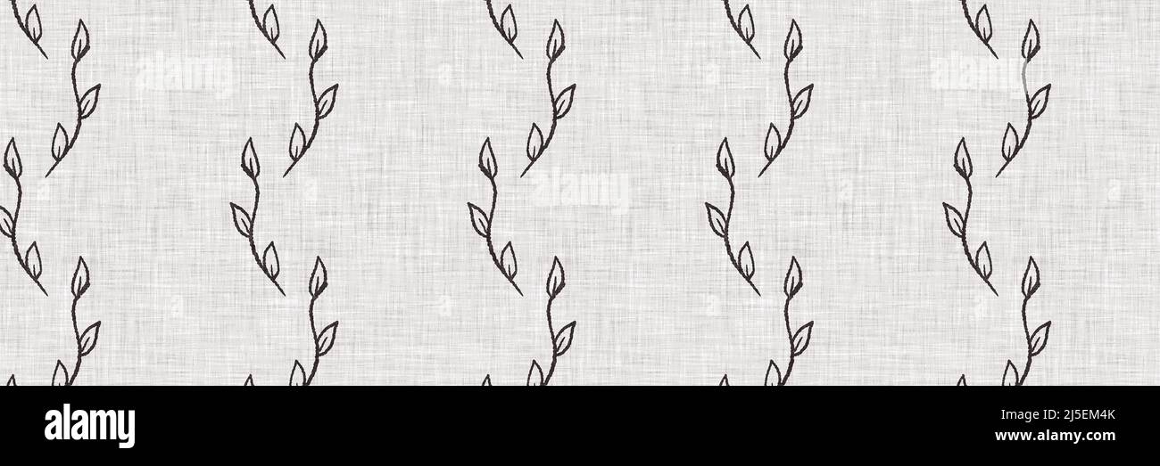 French grey botanical leaf linen border pattern with 2 tone country ...