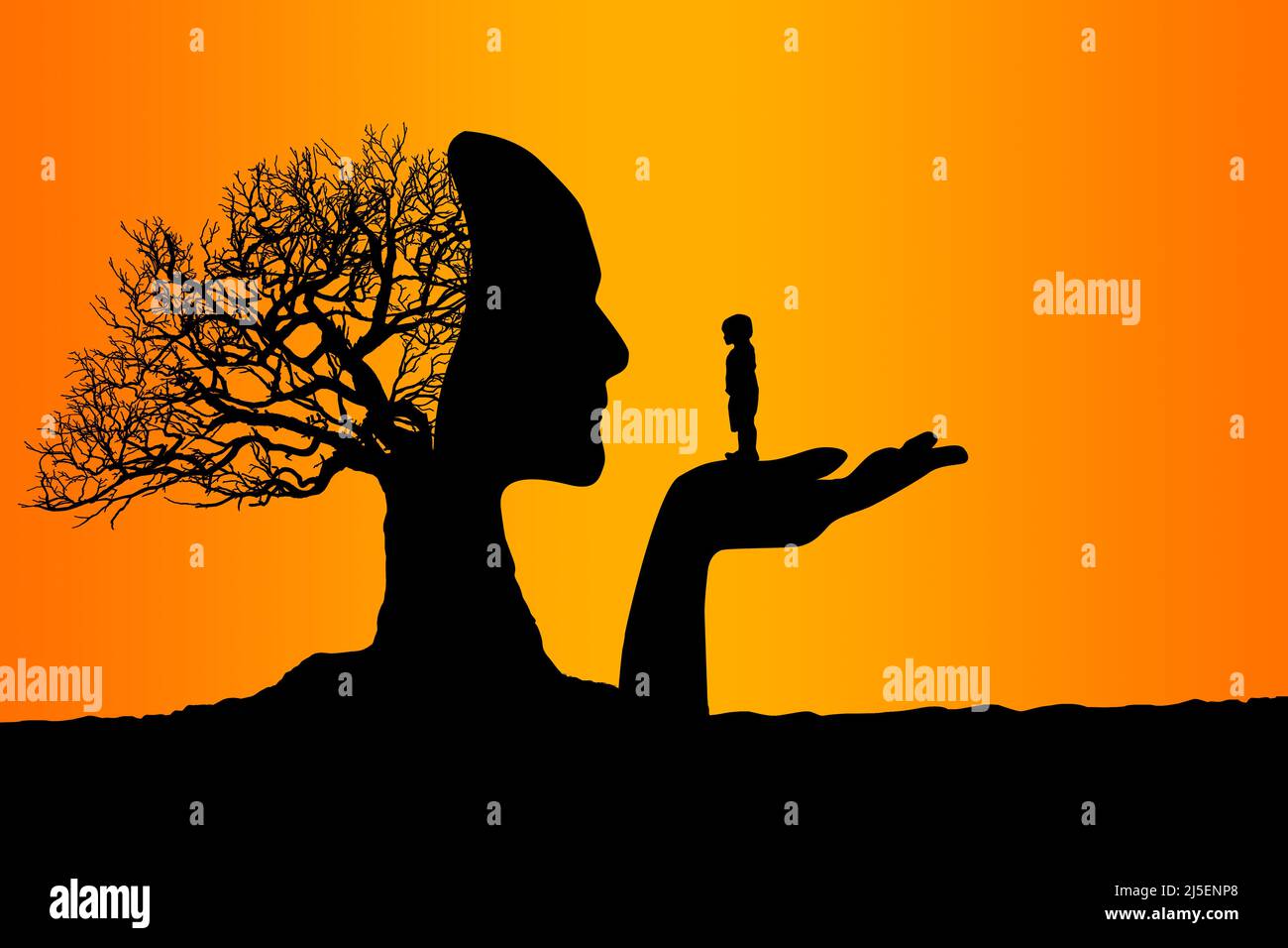 Tree with human head holding a child, 3d rendering Stock Photo - Alamy