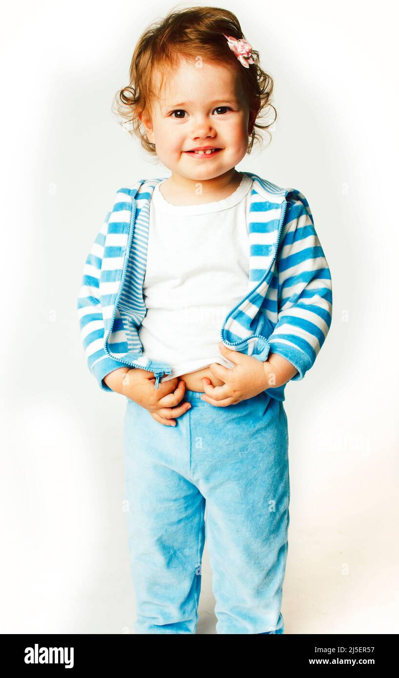 little cute daughter girl on white, happy smiling family inside ...