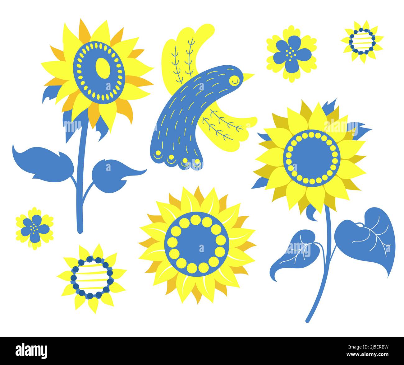 set Ukrainian symbols. Decorative bird and flowers, sunflowers. in ...