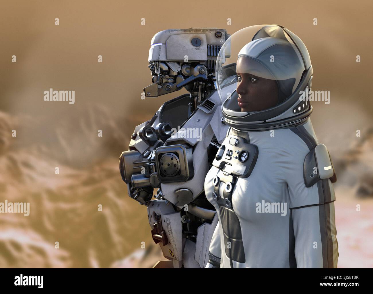 Astronaut with a robot on Mars, illustration Stock Photo - Alamy