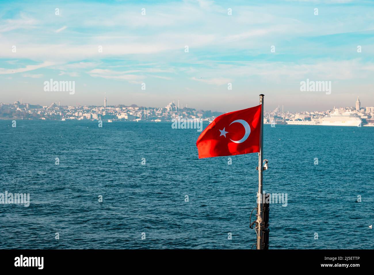 Turkish Flag and cityscape of Istanbul on the background. Selective ...