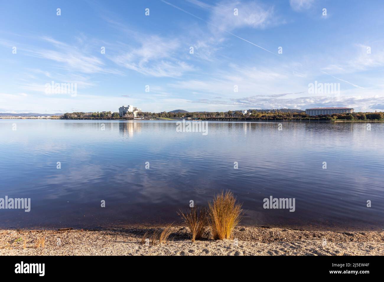 Lake Burley Griffin with Australian High Court building and National ...