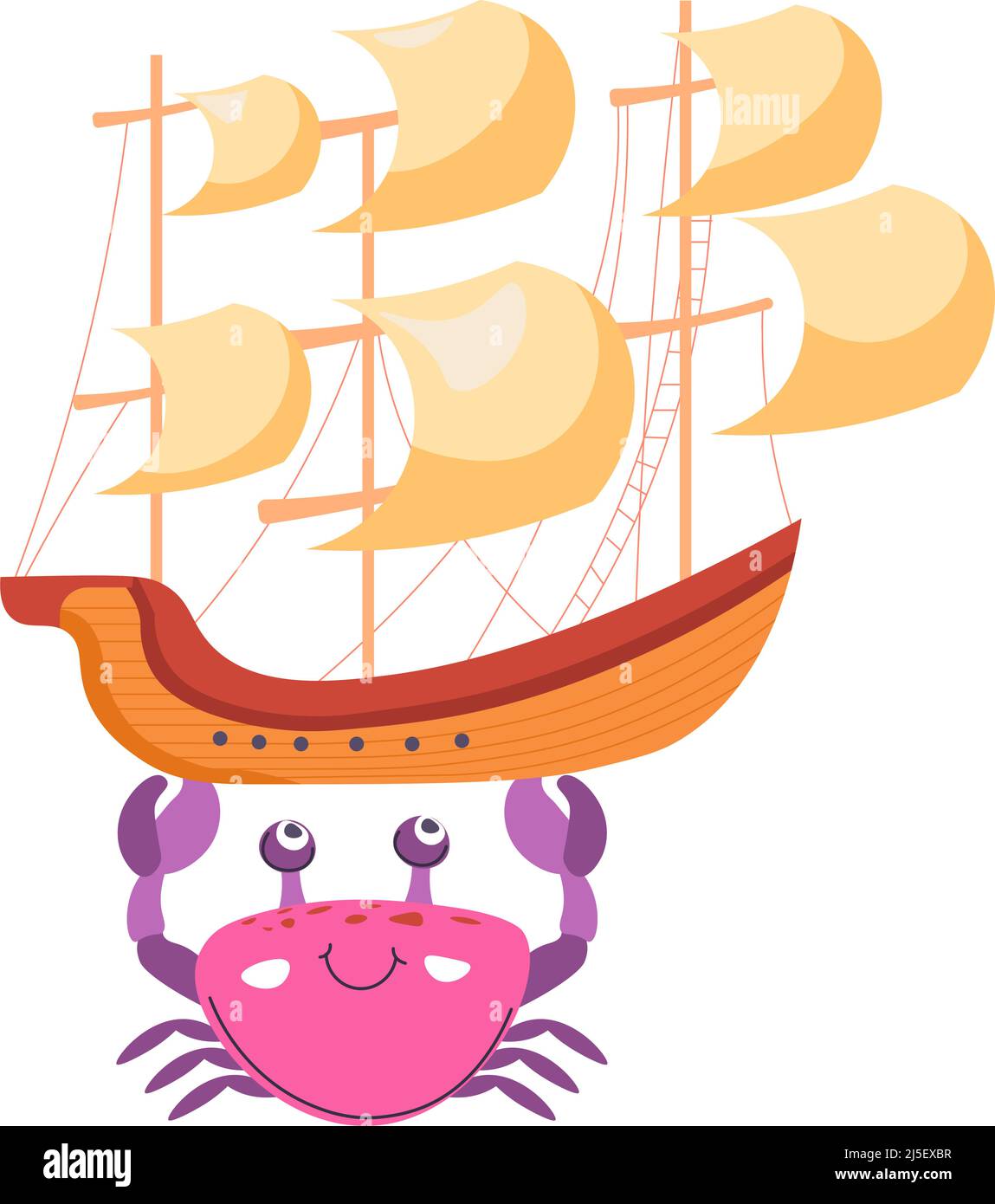 Ancient ship or vessel with sails, isolated ship with crab character ...
