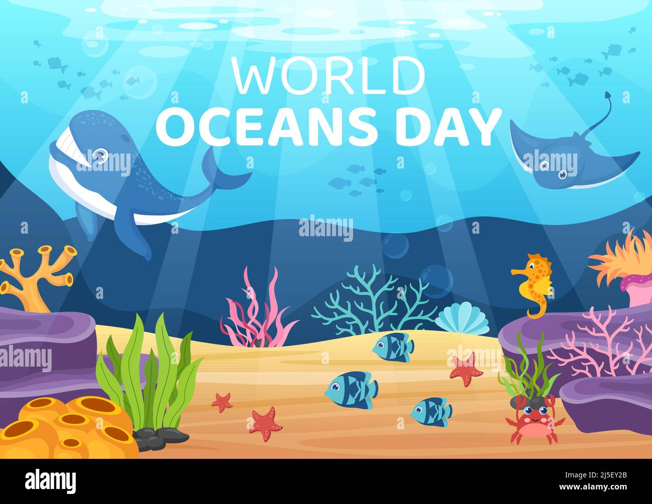World Ocean Day Cartoon Illustration with Underwater Scenery, Various ...