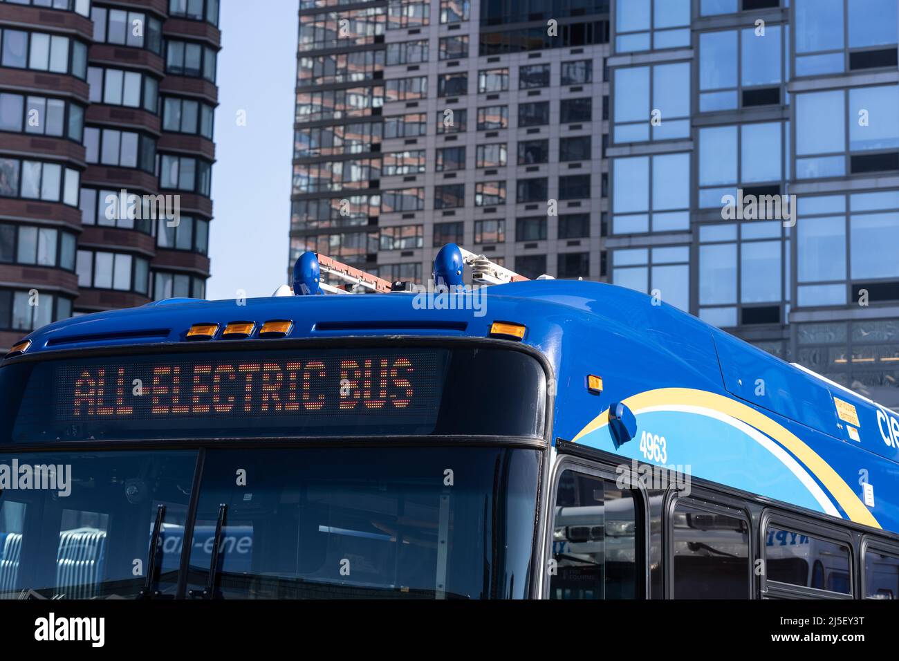 New York, NY - April 22, 2022: Detail view of new Electric Bus as ...