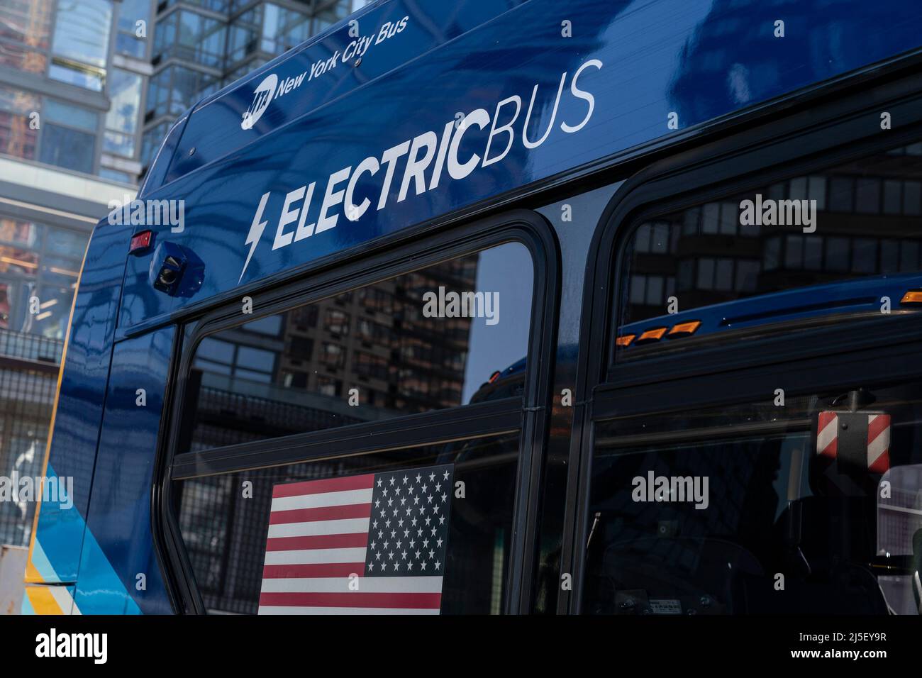 New York, USA. 22nd Apr, 2022. Detail view of new Electric Bus as ...