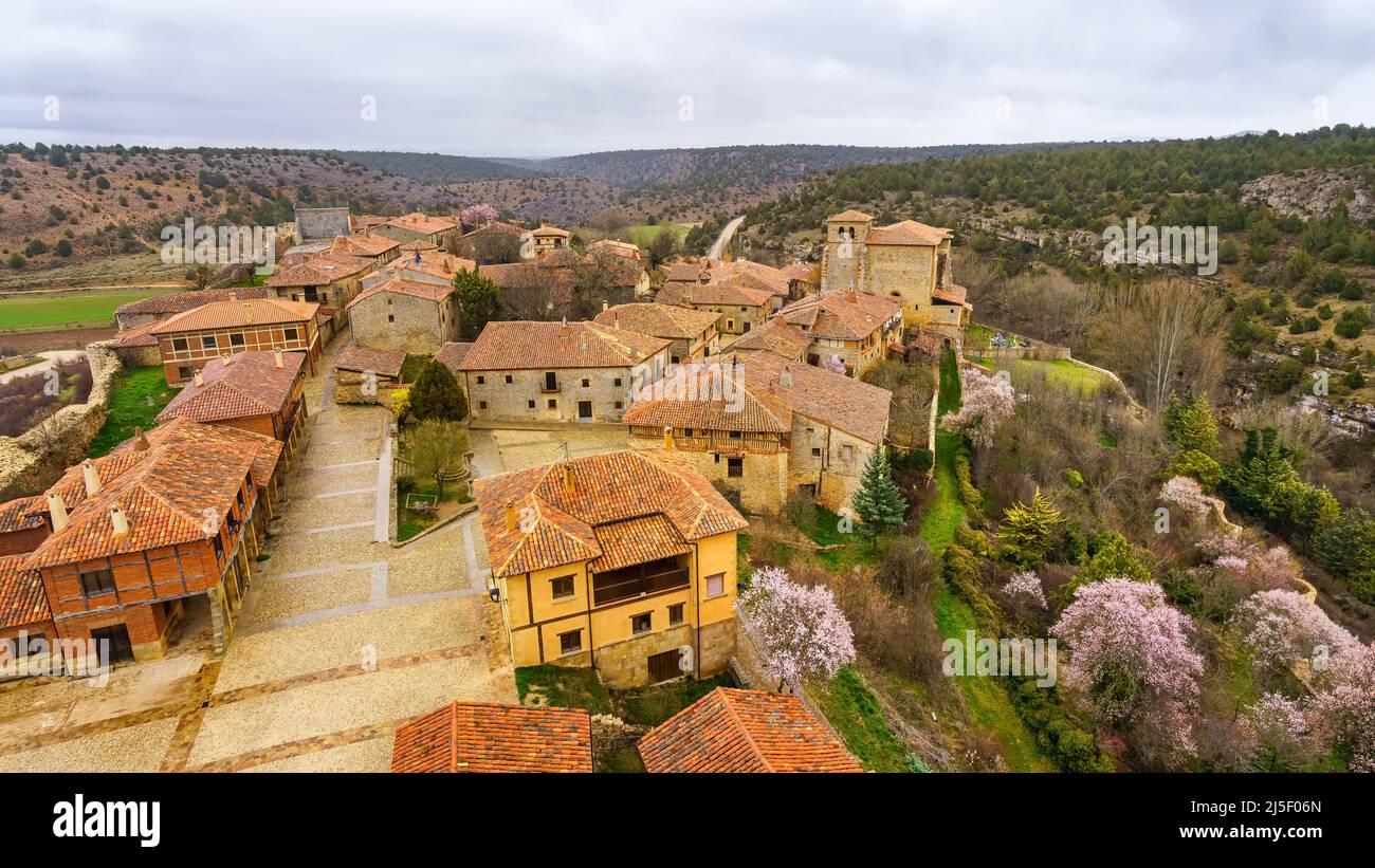 Aerial view of the picturesque medieval village of Calatanazor, Soria ...