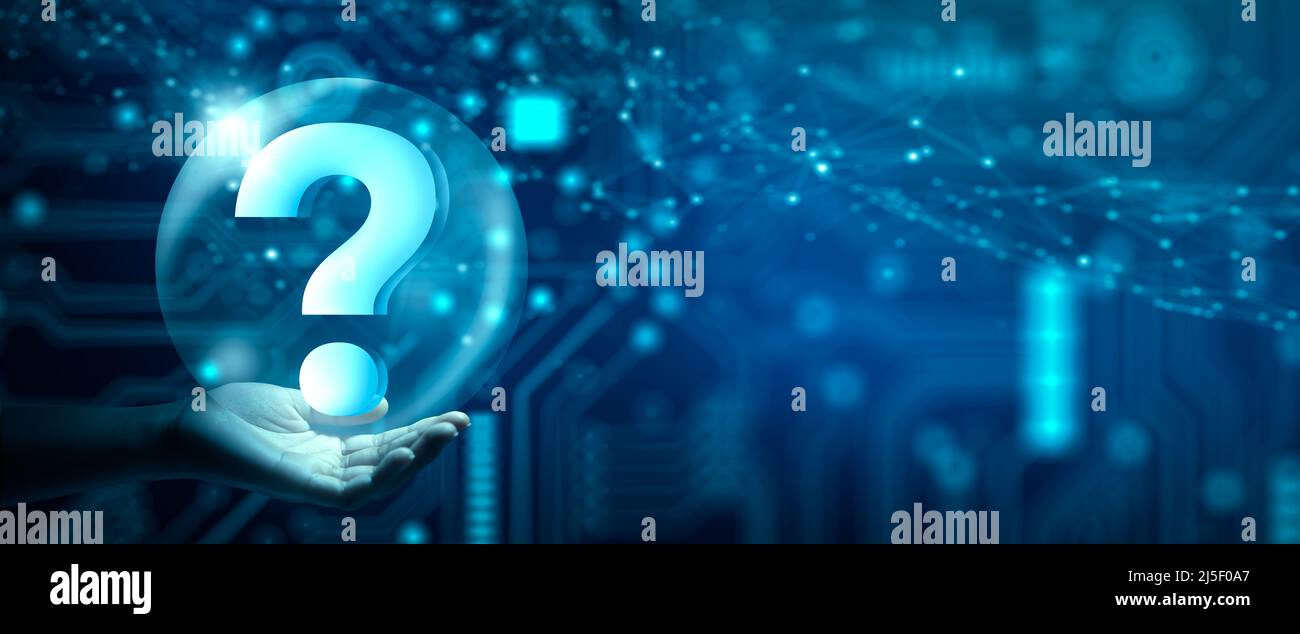 Man hand holding digital question mark holographic. Abstract Technology ...