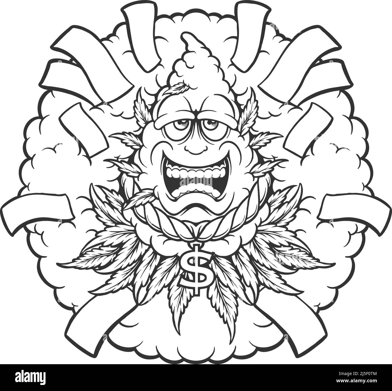 Funky weed leaf with cash money monochrome vector illustrations for ...
