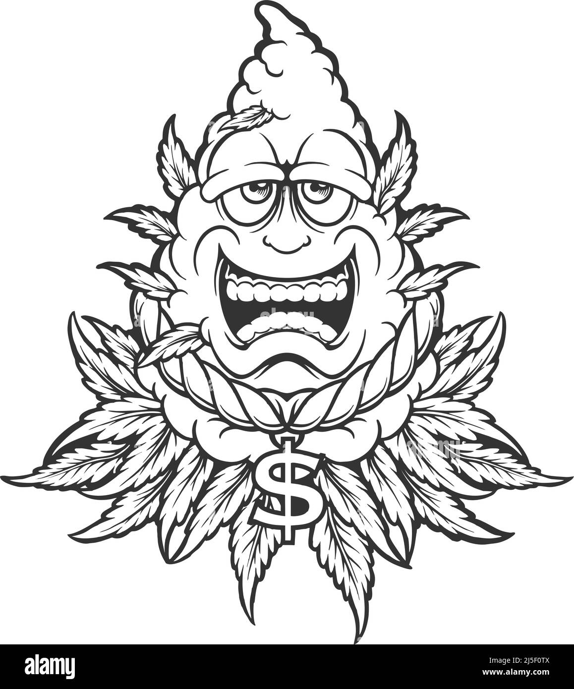 Funky weed leaf with cash money monochrome vector illustrations for ...