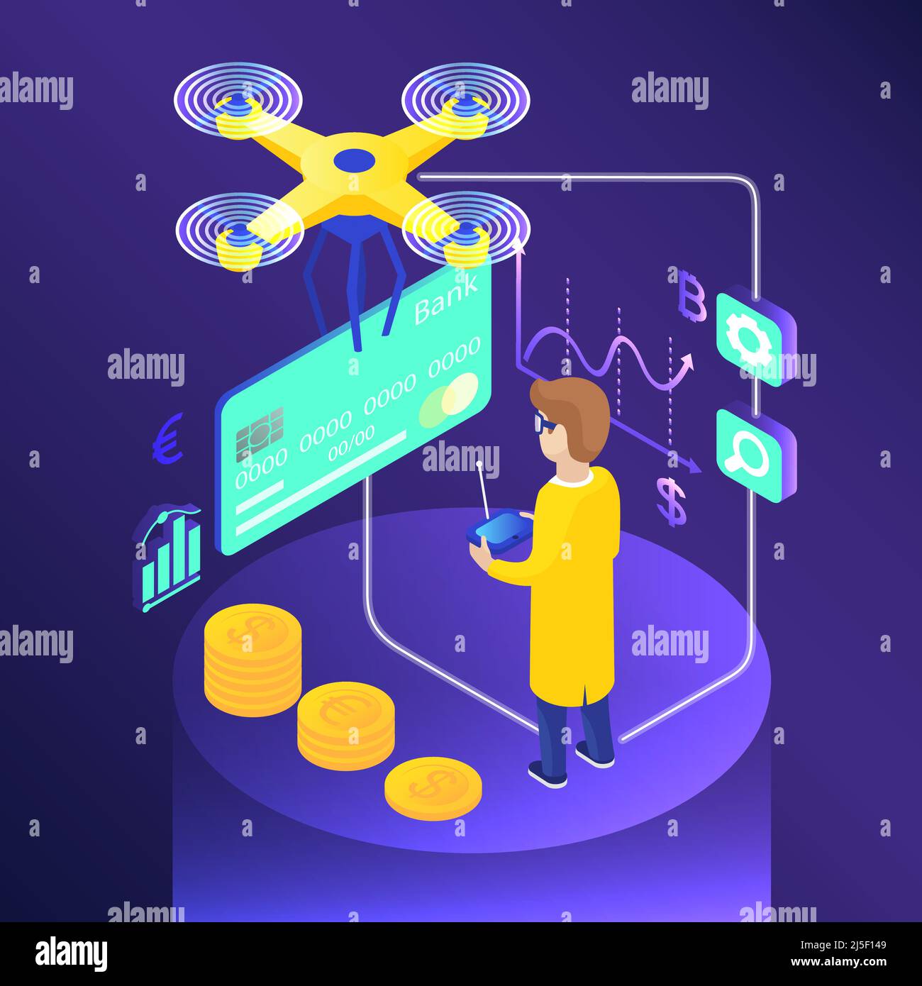 Isometric credit card delivery. Drone pilot, stacks of coins, currency ...