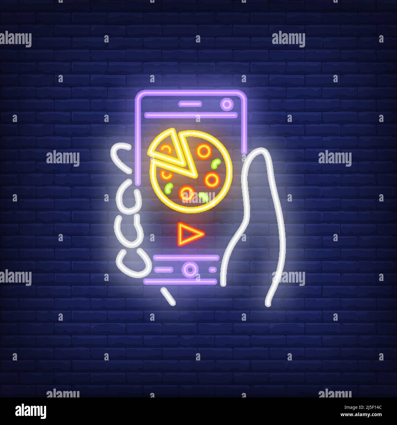 Neon icon of online pizza order. Hand holding mobile phone with pizza ...