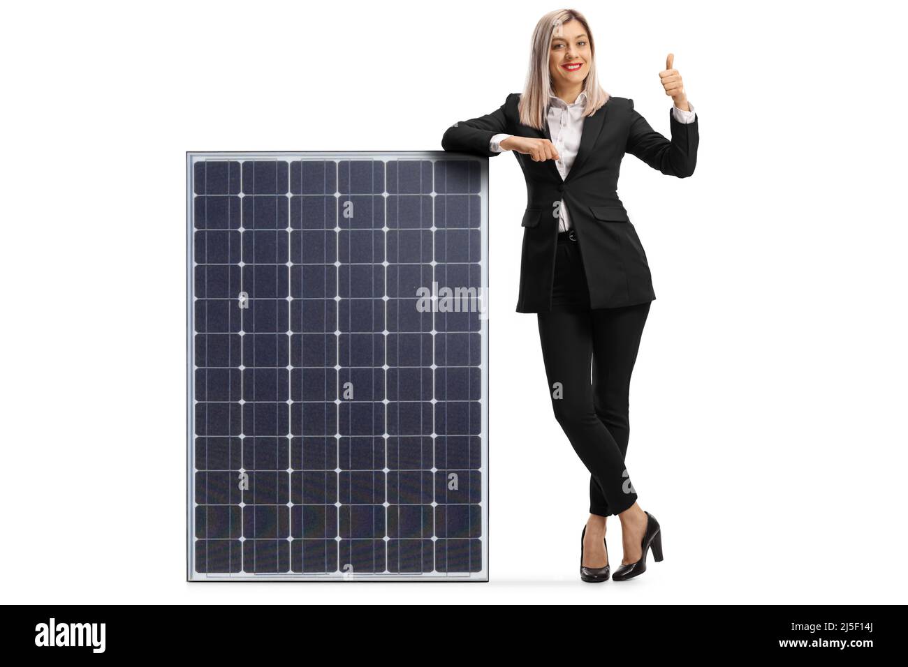 Full length portrait of a professional woman leaning on a solar panel ...